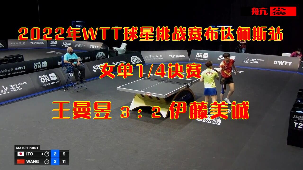 2022年WTT球星挑战赛布达佩斯站女单1/4决赛：王曼昱vs伊藤美诚_腾讯视频