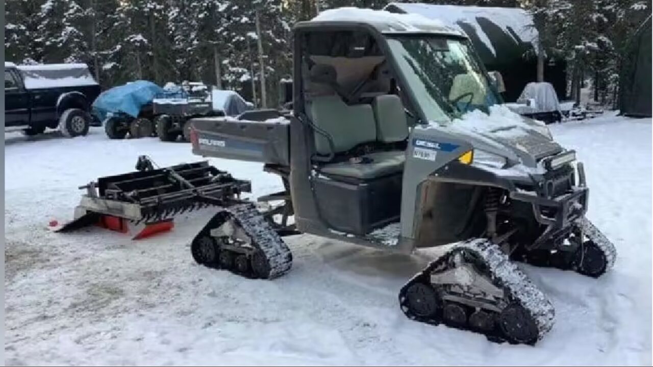 北极星游侠配置Mattracks全地形橡胶履带轮清理平整雪道_腾讯视频