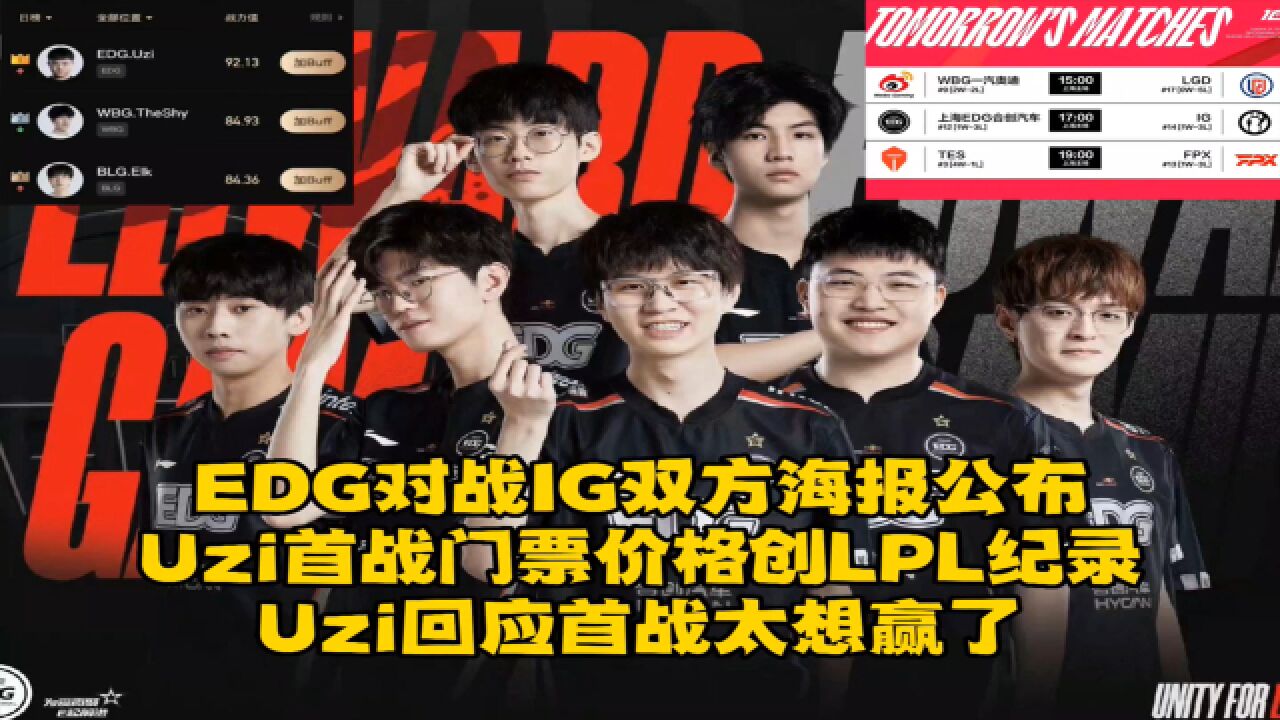 EDG对战IG双方海报公布，Uzi首战门票价格创LPL纪录，Uzi回应首战太想赢了!_高清1080P在线观看平台_腾讯视频