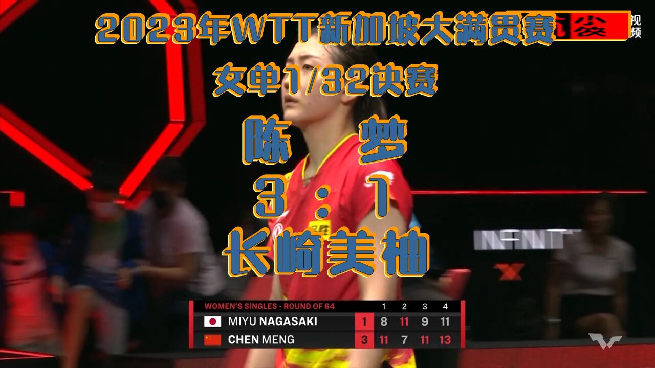 2023年WTT新加坡大满贯_女单1/32决赛：陈梦3-1长崎美柚_腾讯视频