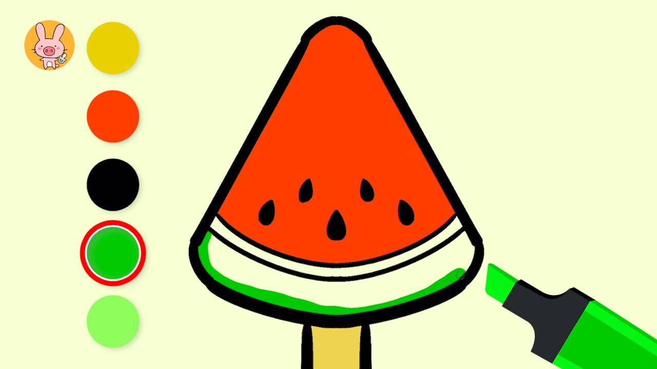 益智简笔画涂色：用5种颜色画一根西瓜棒冰！_腾讯视频